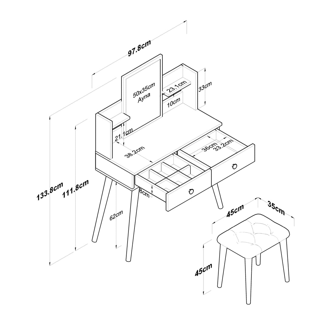 BJ102 Makyaj Masası + Puf | Rani Mobilya
