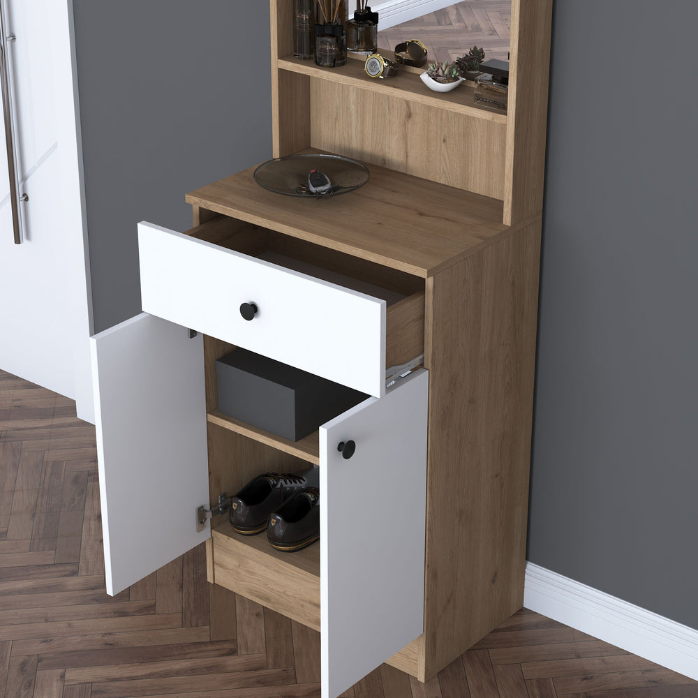 Rani P6 Modern Kapaklı Aynalı Portmanto Vestiyer Sepet Ceviz - Beyaz M