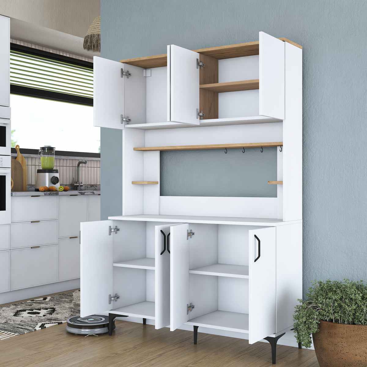 Rani JE176 Çok Amaçlı Dolap 8 Kapaklı Raflı Kiler Mutfak Dolabı Beyaz